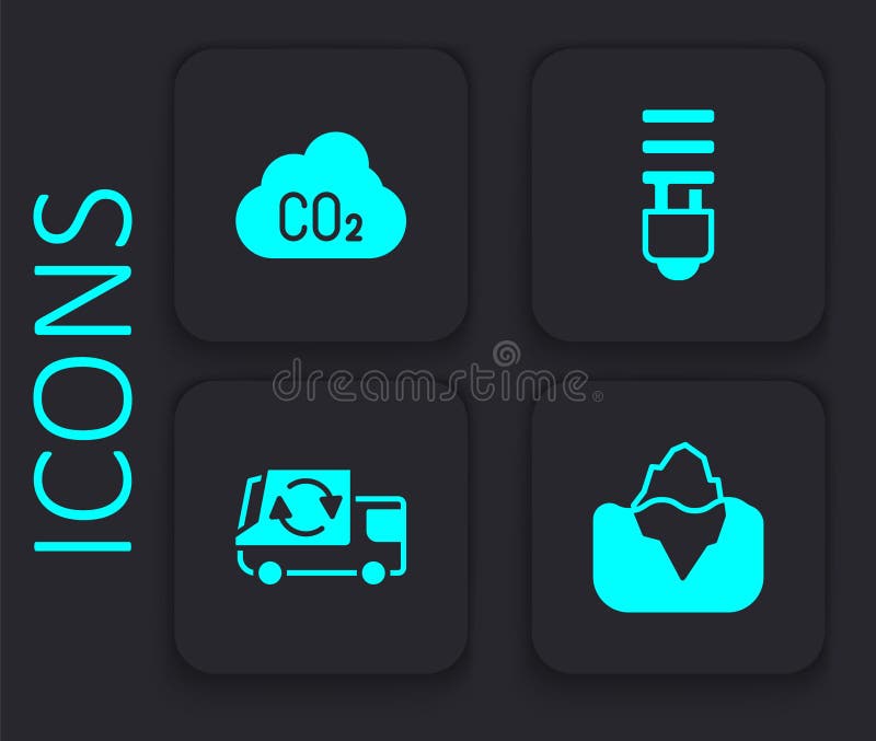 Set Iceberg, CO2 Emissions in Cloud, LED Light Bulb and Garbage Truck ...