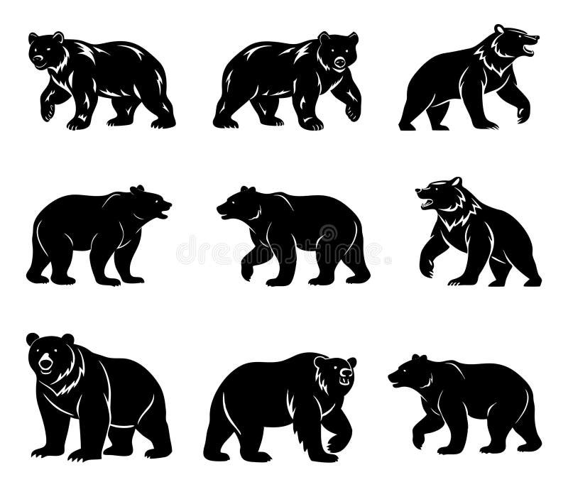 Set Icon of Brown Bear Silhouettes in Different Poses Vector ...