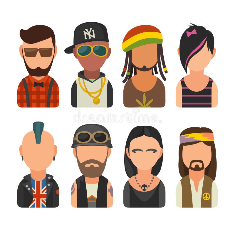 Set Icon Different Subcultures People. Punk, Biker, Goth, Hippy Stock ...