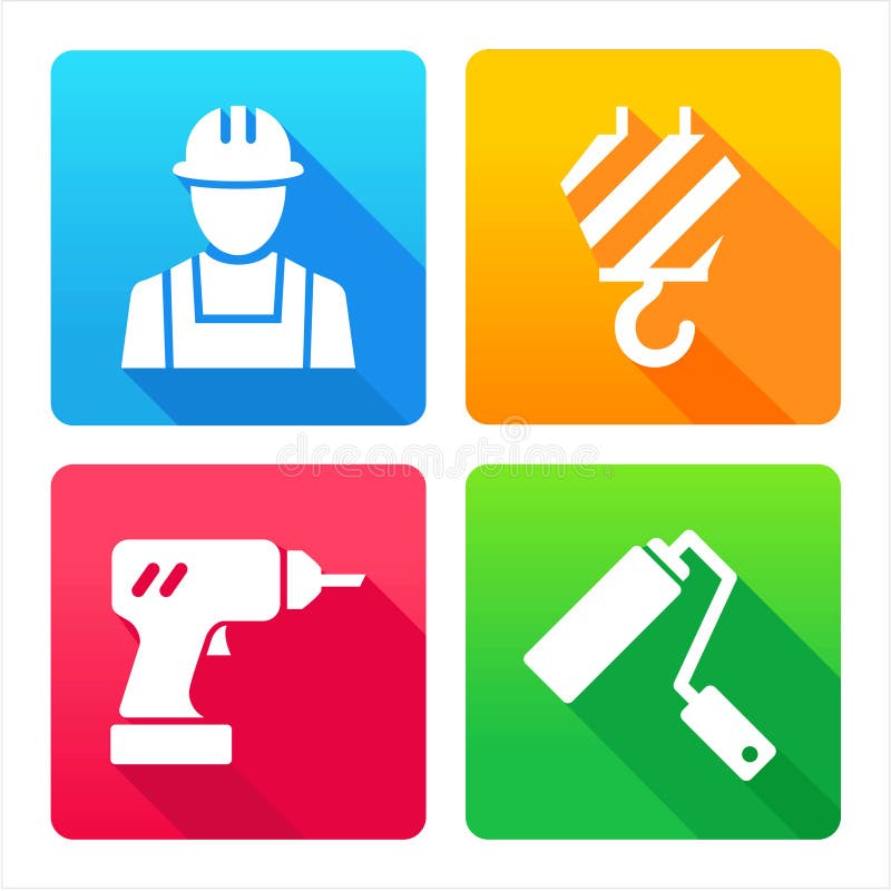 Building, Construction and Tools Icons Set in Flat Style with Lo Stock ...
