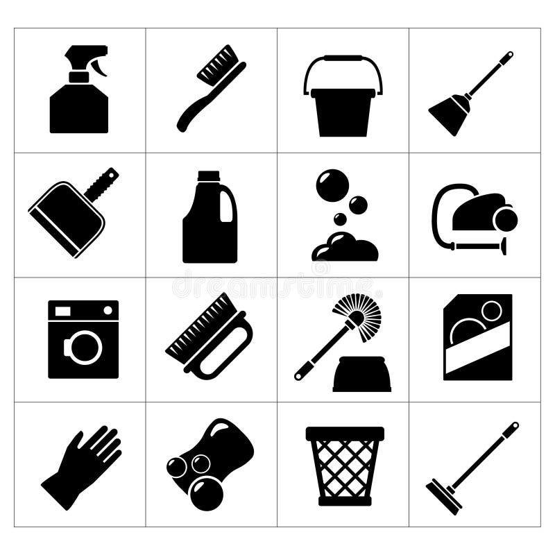 Cleaning Vector Icons Set on Gray. Stock Vector - Illustration of black ...