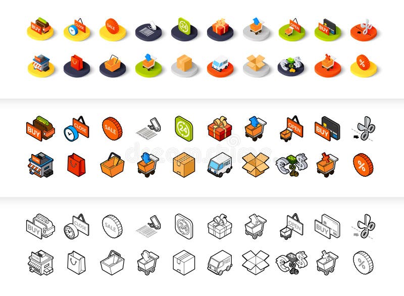 Set of Icons in Different Style - Isometric Flat and Otline, Colored ...