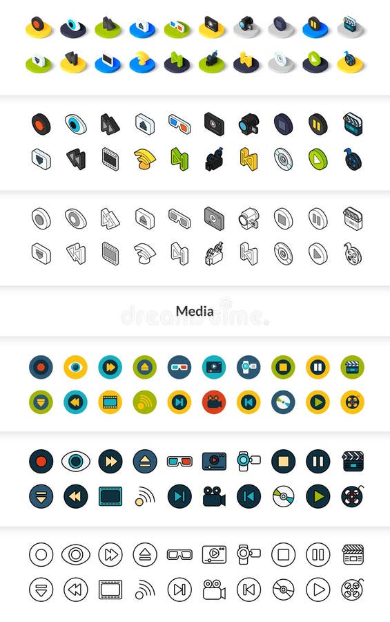 Set of Icons in Different Style - Isometric Flat and Otline, Colored ...