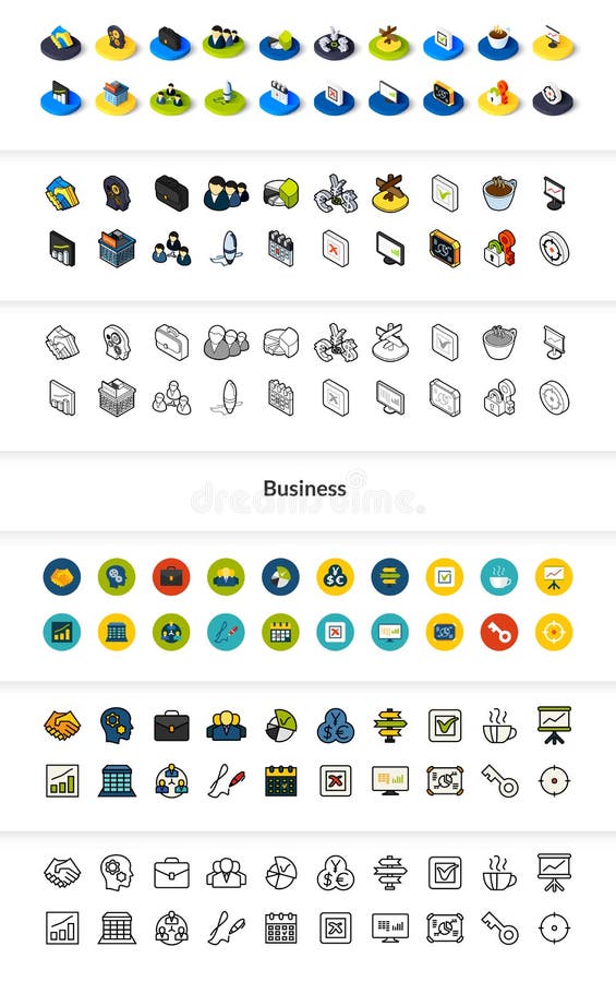 Set of Icons in Different Style - Isometric Flat and Otline, Colored ...