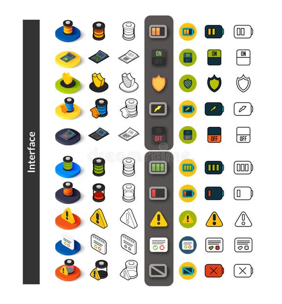 Set of Icons in Different Style - Isometric Flat and Otline, Colored ...
