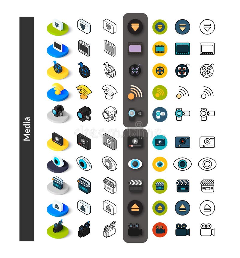Set of Icons in Different Style - Isometric Flat and Otline, Colored ...