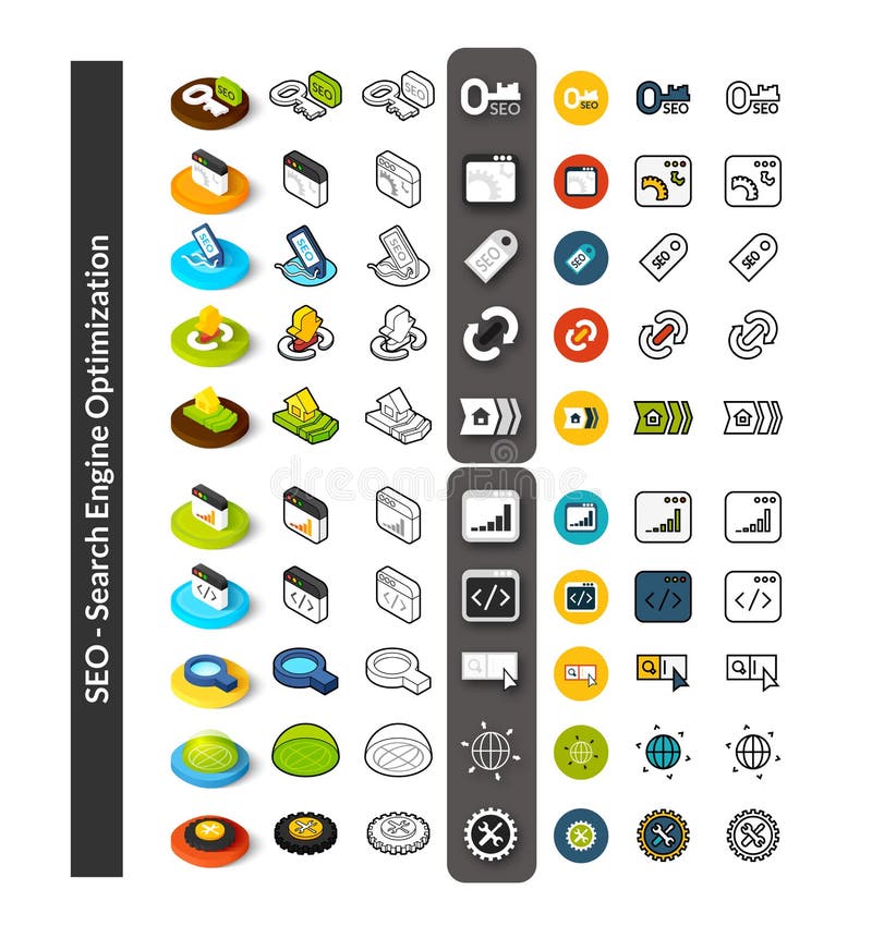 Set of Icons in Different Style - Isometric Flat and Otline, Colored ...