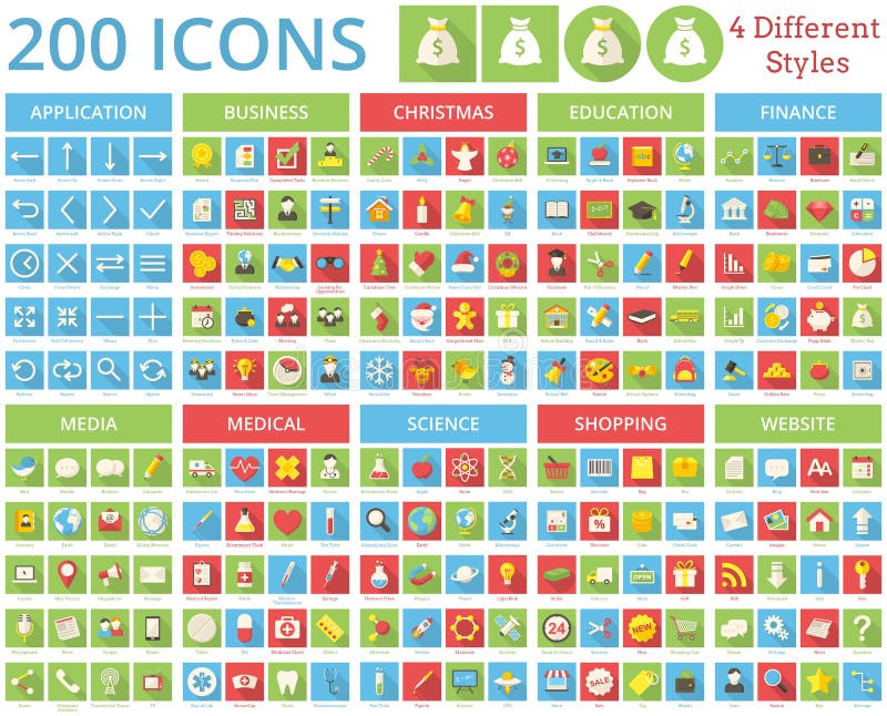 Set of 200 Icons. 4 Different Styles. Stock Vector - Illustration of ...