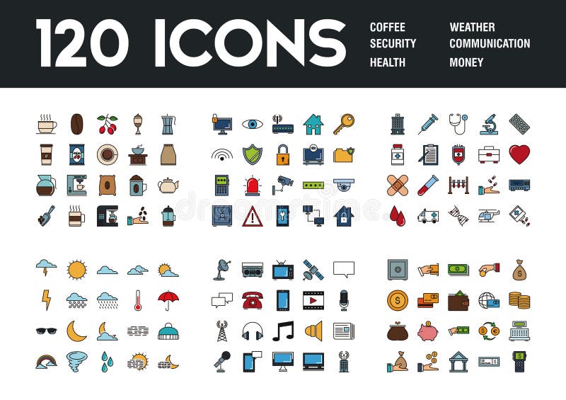 Set of 120 Icons with Different Themes Stock Vector - Illustration of ...