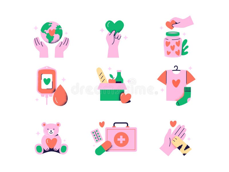 Set of Icons of Different Types of Charity. Kindness, Charity, and ...
