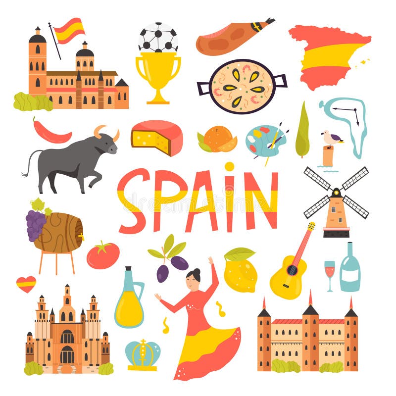 Set of Icons, Famous Symbols of Spain. Big Bundle of Vector Designs ...