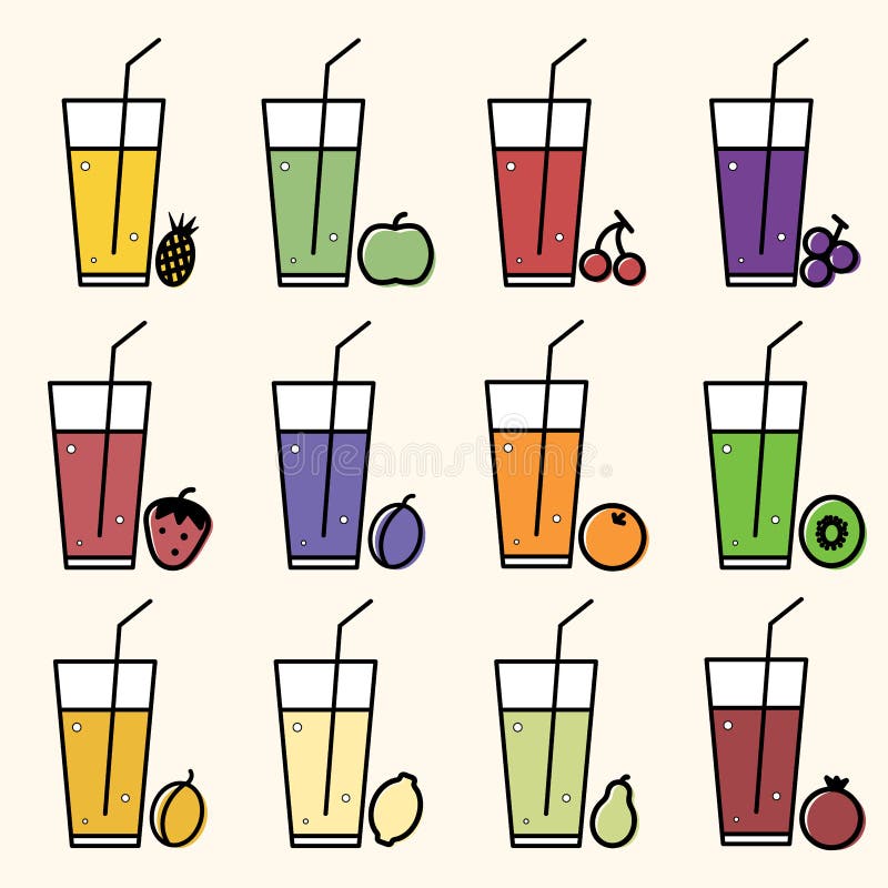 Set of 12 Icons of Fruit Juices. Vector Illustration Stock Vector - Illustration of vector ...