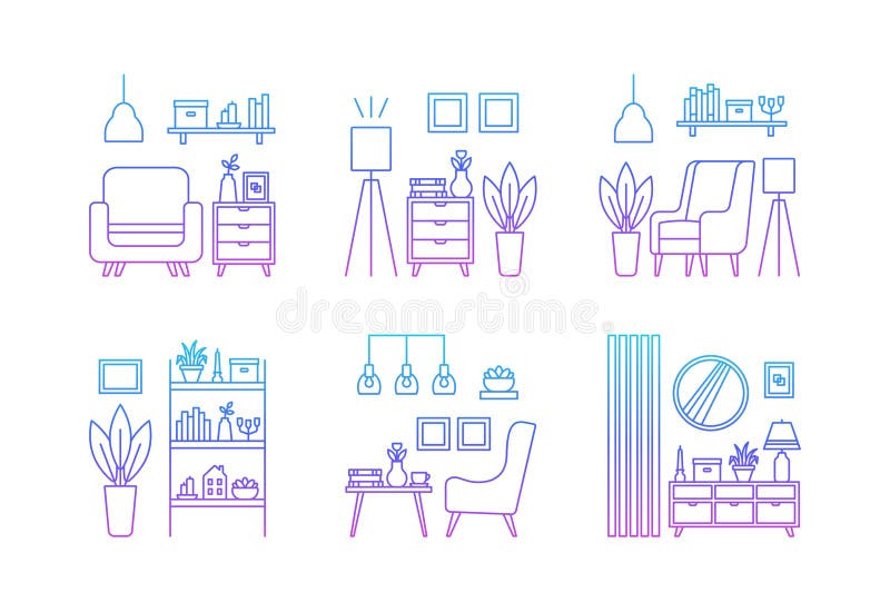 Set Icons, Interior Design Concept. Living Room Interior. Gradient ...