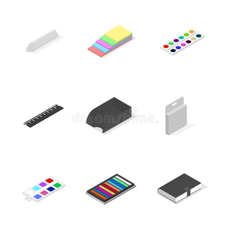 Set of Icons, Office and School. Flat 3d Isometric Style, Vector ...
