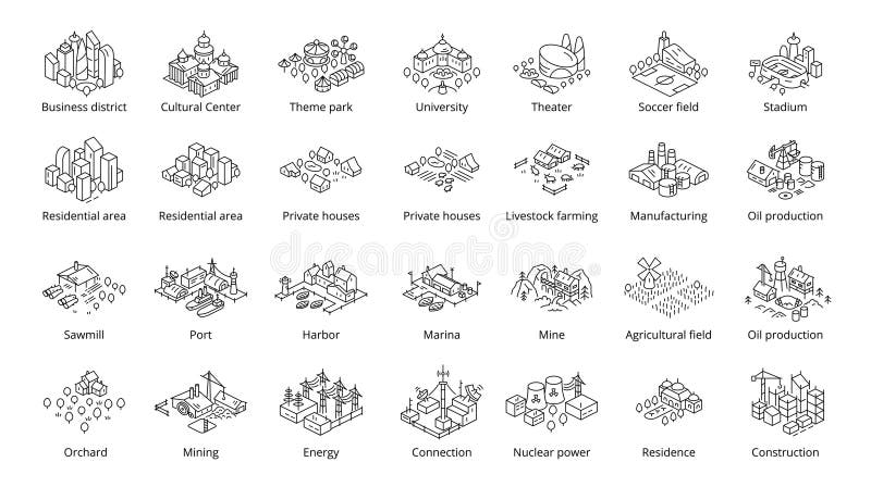 Set of Icons with Isometric City Districts. Line Style. Vector Editable ...