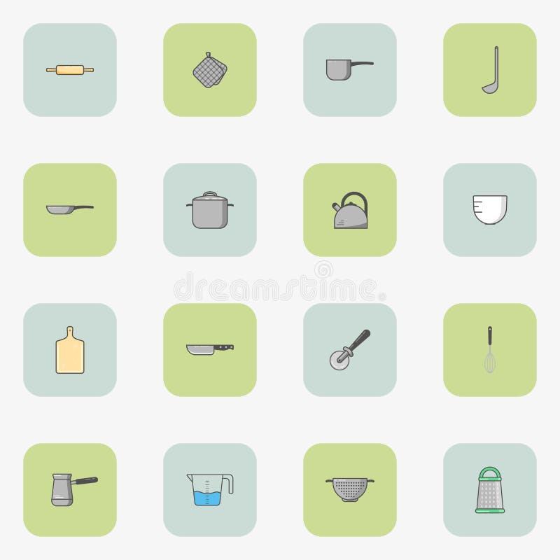 Set of Icons of Kitchen Utensils in Flat Style. Vector Square Icons in ...
