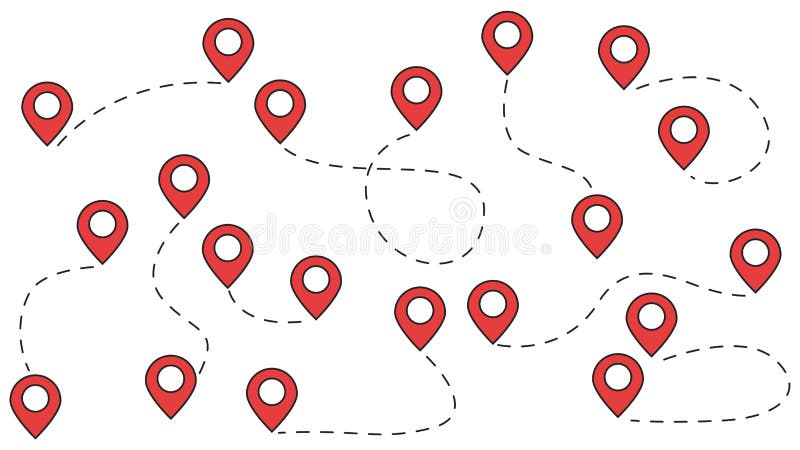 Set of Icons of Locations with a Route in the Form of Dotted Lines. the ...