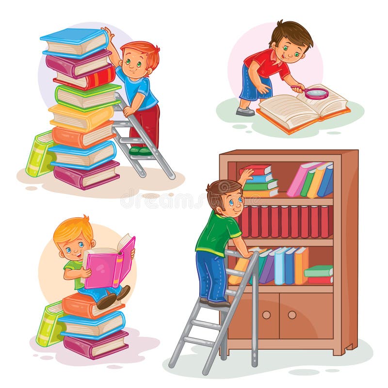 Set Icons of Small Children Reading a Book Stock Vector - Illustration ...