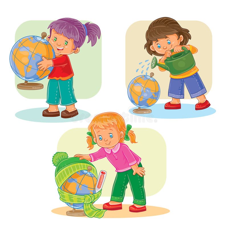 Set Icons Small Girls Playing with Globe Stock Illustration ...