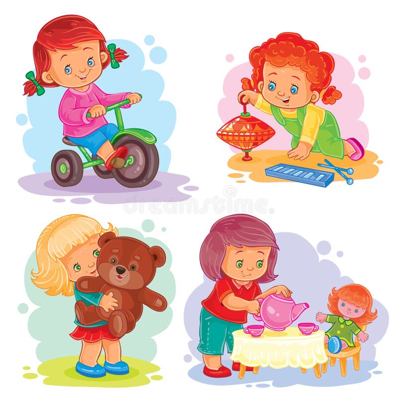 Set Icons Small Girls Playing with Toys Stock Vector - Illustration of ...