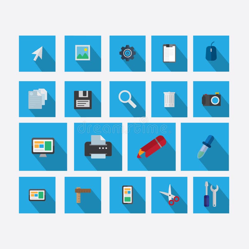 Set of Icons on the Theme of Design with Vector Shadow Blue Stock ...