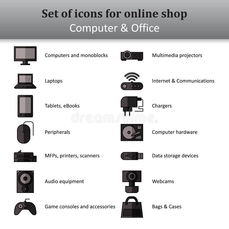 Set of Icons of Various Computer Equipment for Sections of Online Store ...
