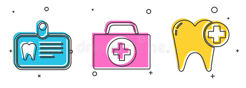 Set Id Card with Tooth, First Aid Kit and Tooth Icon. Vector Stock ...
