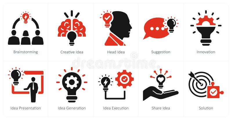 A Set of 10 Idea Icons As Brainstorming, Creative Idea, Head Idea Stock ...