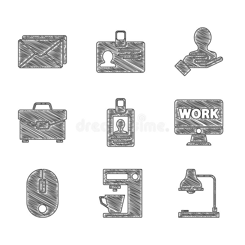 Set Identification Badge, Coffee Machine, Table Lamp, Monitor with Text ...