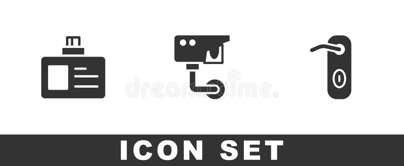 Set Identification Badge, Security Camera and Door Handle Icon. Vector ...