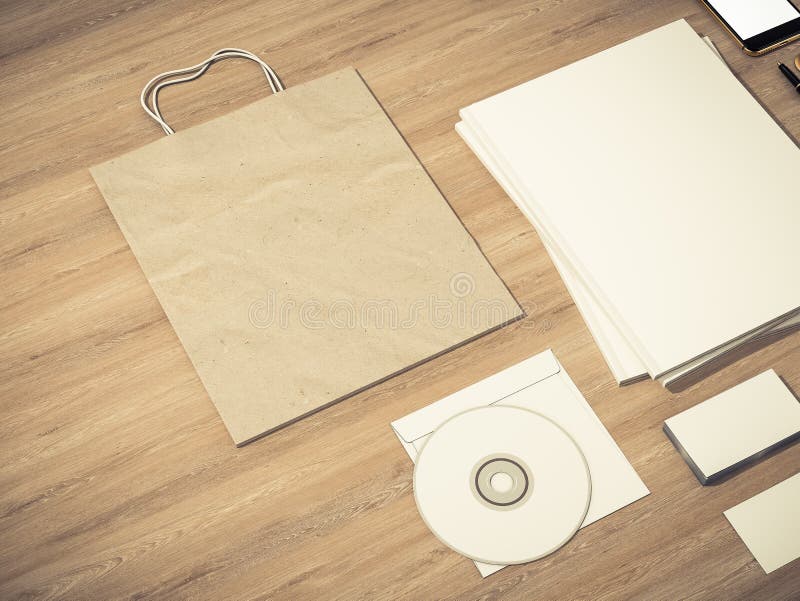 Set of Identity Elements and Blank Magazine Mockup on Vintage Wooden ...