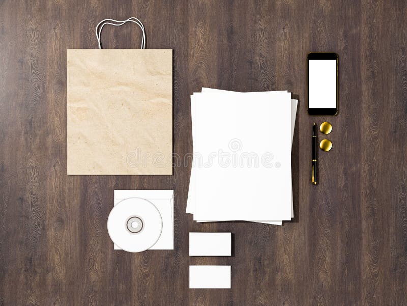 Set of Identity Elements and Blank Magazine Mockup on Vintage Wooden ...