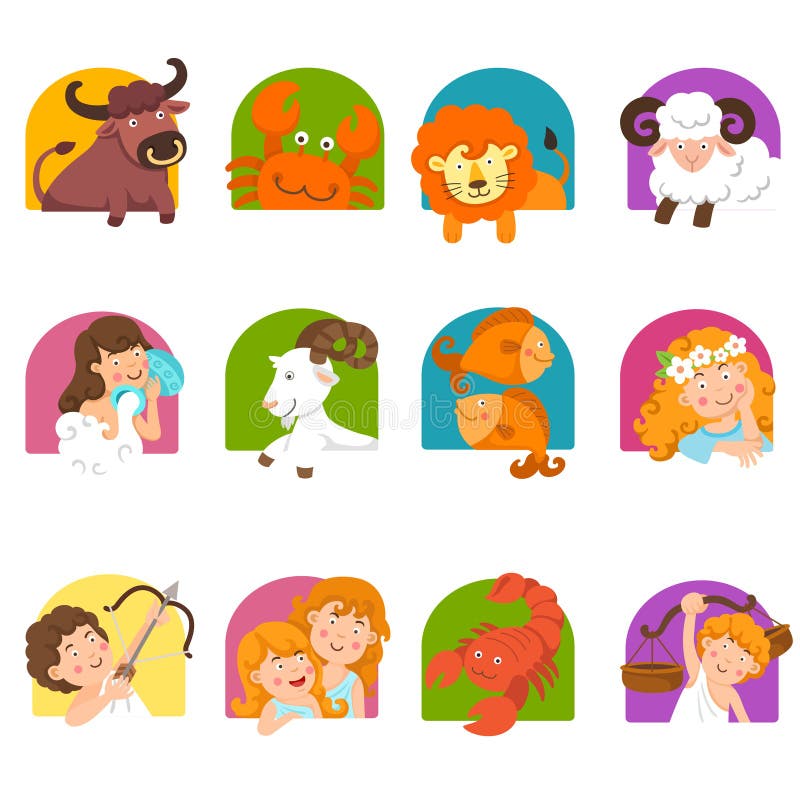 Set Illustration with Cartoon Zodiac Signs Stock Vector - Illustration ...