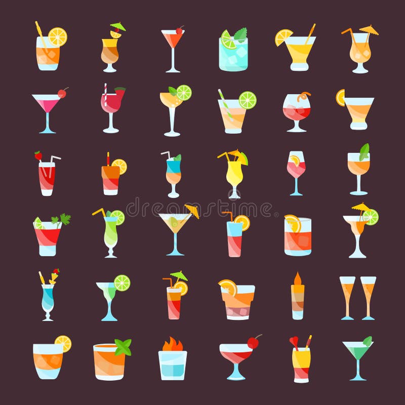Set Vector Flat Icons of Coctails Stock Illustration - Illustration of ...