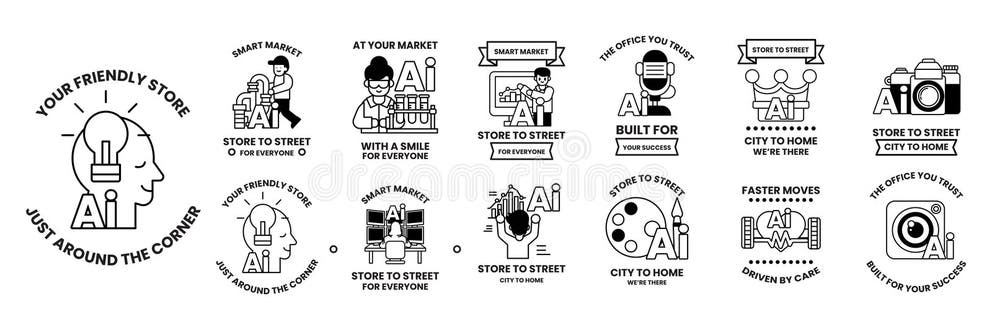 Set of Illustrations in AI or Artificial Intelligence in Everyday Life Concept in Line Style ...