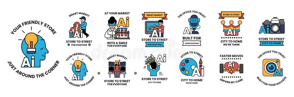 Set of Illustrations in AI or Artificial Intelligence in Everyday Life Concept in Line Style ...