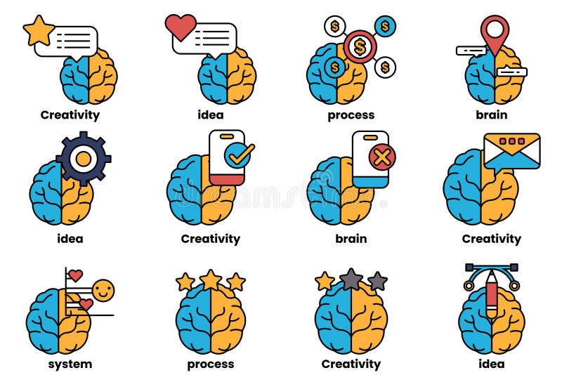 Set of Illustrations in the Concept of Brain and Things in Line Art ...