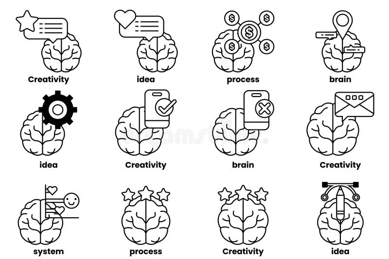 Set of Illustrations in the Concept of Brain and Things in Line Art ...