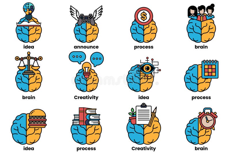 Set of Illustrations in the Concept of Brain and Things in Line Art ...