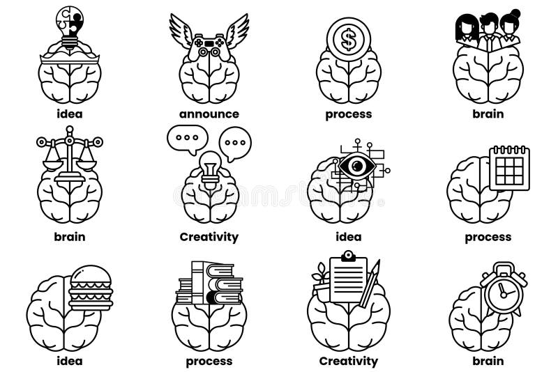 Set of Illustrations in the Concept of Brain and Things in Line Art ...