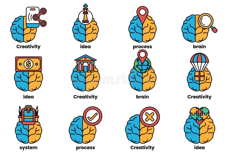 Set of Illustrations in the Concept of Brain and Things in Line Art ...