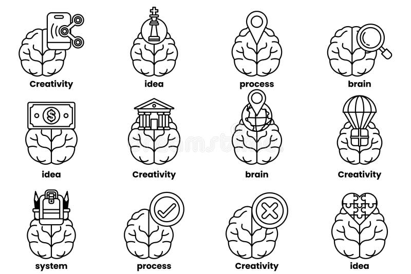 Set of Illustrations in the Concept of Brain and Things in Line Art ...