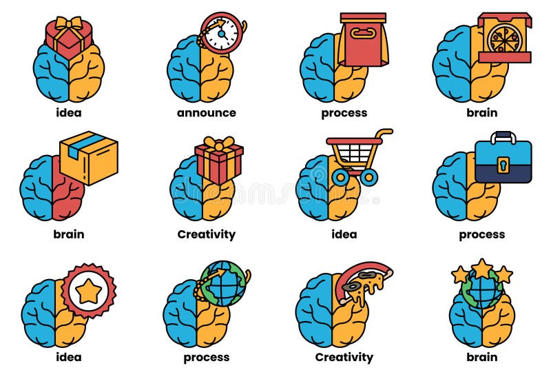 Set of Illustrations in the Concept of Brain and Things in Line Art ...