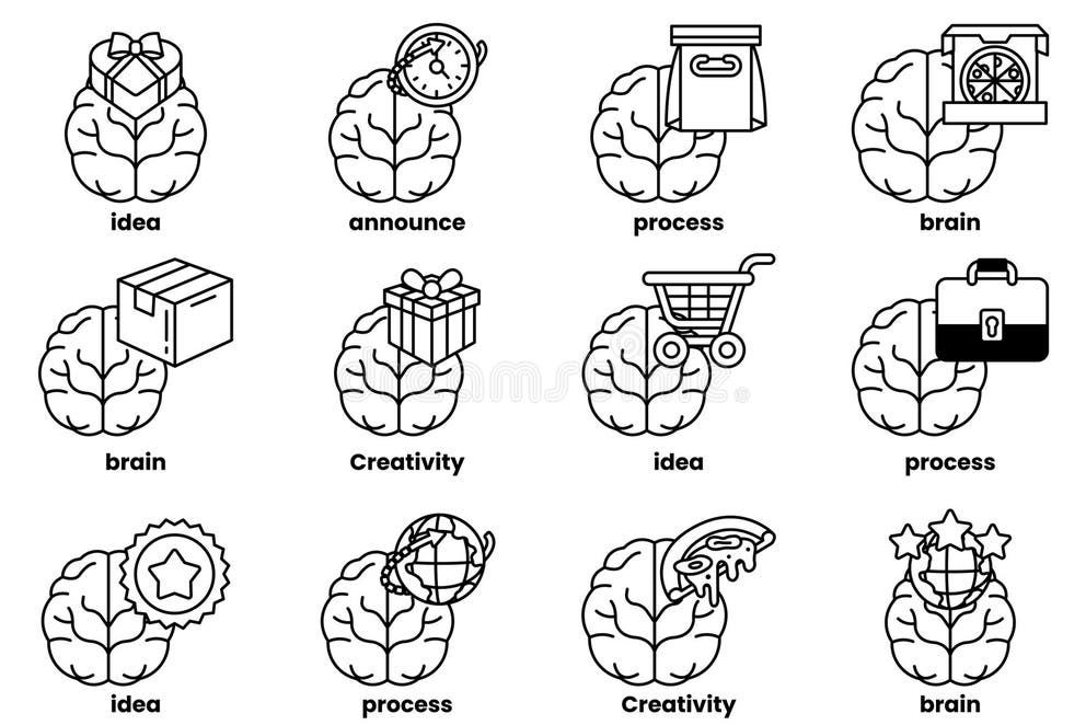 Set of Illustrations in the Concept of Brain and Things in Line Art ...