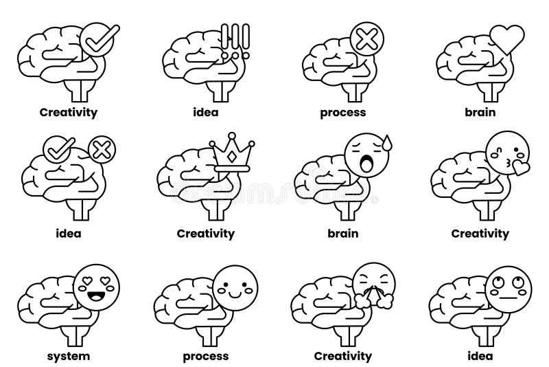 Set of Illustrations in the Concept of Brain and Things in Line Art ...