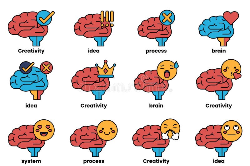 Set of Illustrations in the Concept of Brain and Things in Line Art ...
