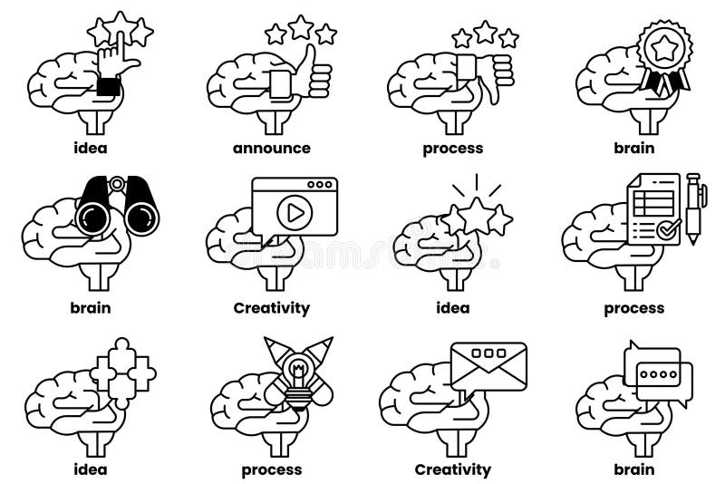 Set of Illustrations in the Concept of Brain and Things in Line Art ...