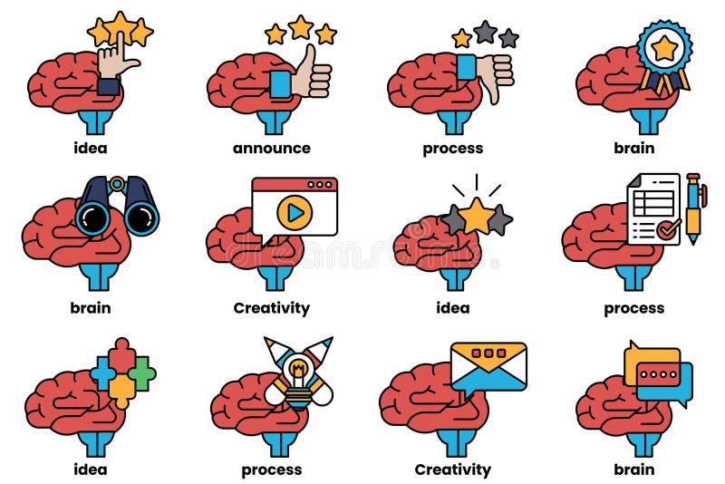 Set of Illustrations in the Concept of Brain and Things in Line Art ...