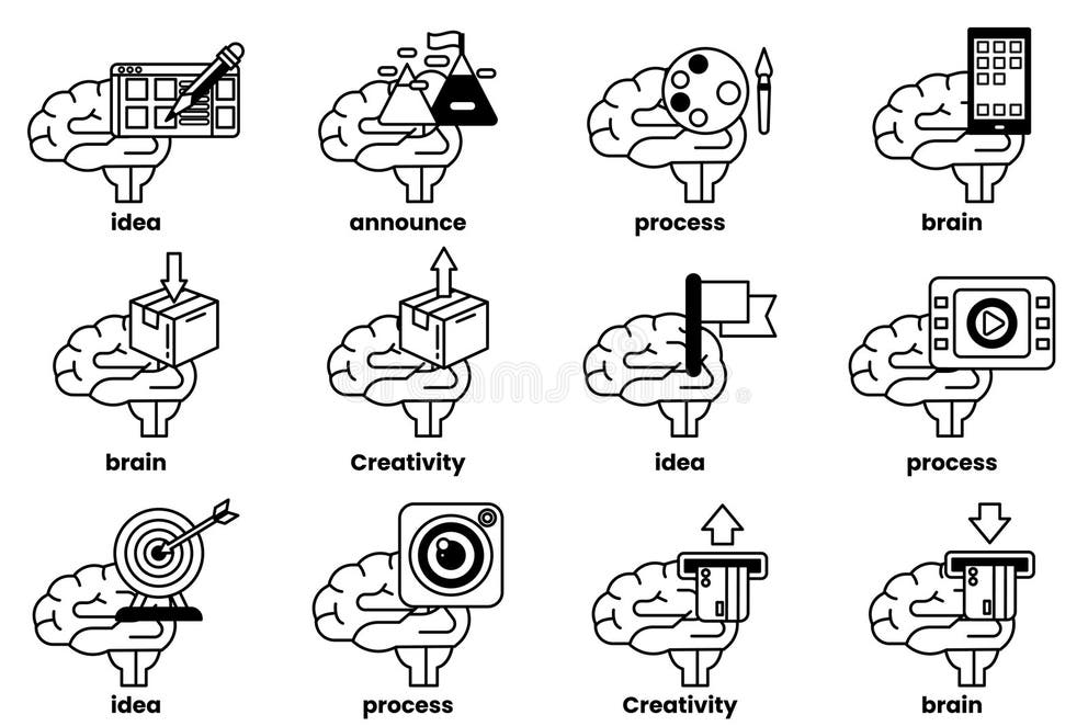 Set of Illustrations in the Concept of Brain and Things in Line Art ...