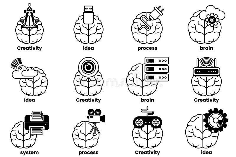 Set of Illustrations in the Concept of Brain and Things in Line Art ...